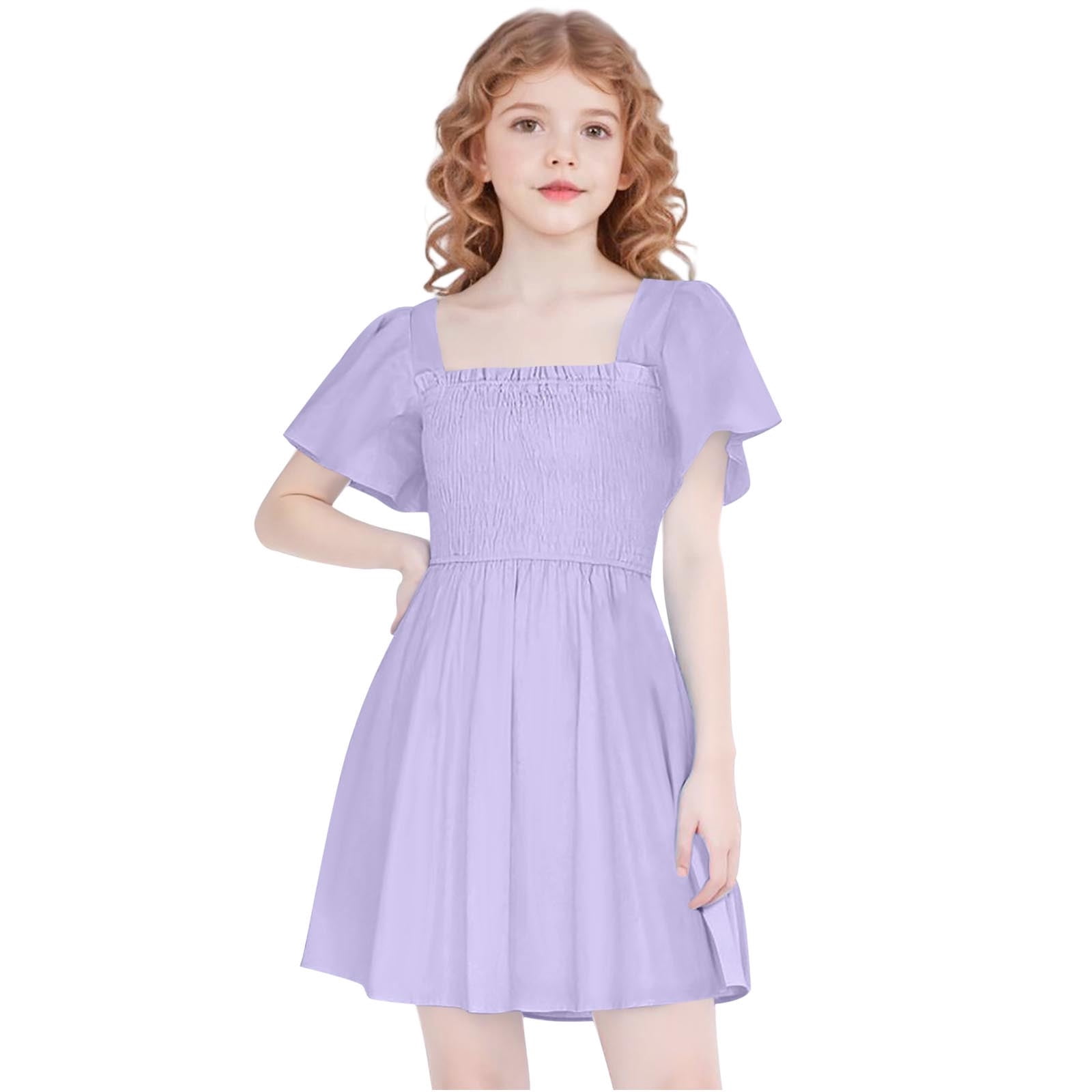 TEAJOPSUU Girls Summer Sundress Reffled Short Sleeve Smocked Aline ...