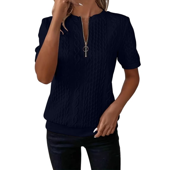TEAJOPSUU Half Zipper Front Blouses for Women Crew Neck Short Sleeve ...