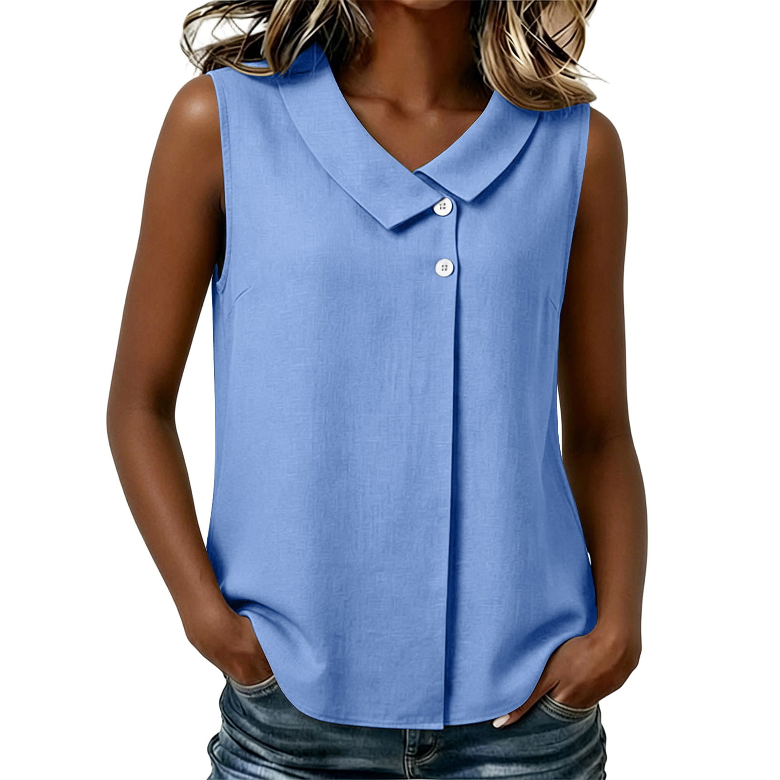 TEAJOPSUU Linen Blend Tank Tops for Women Lapel Collar Sleeveless ...