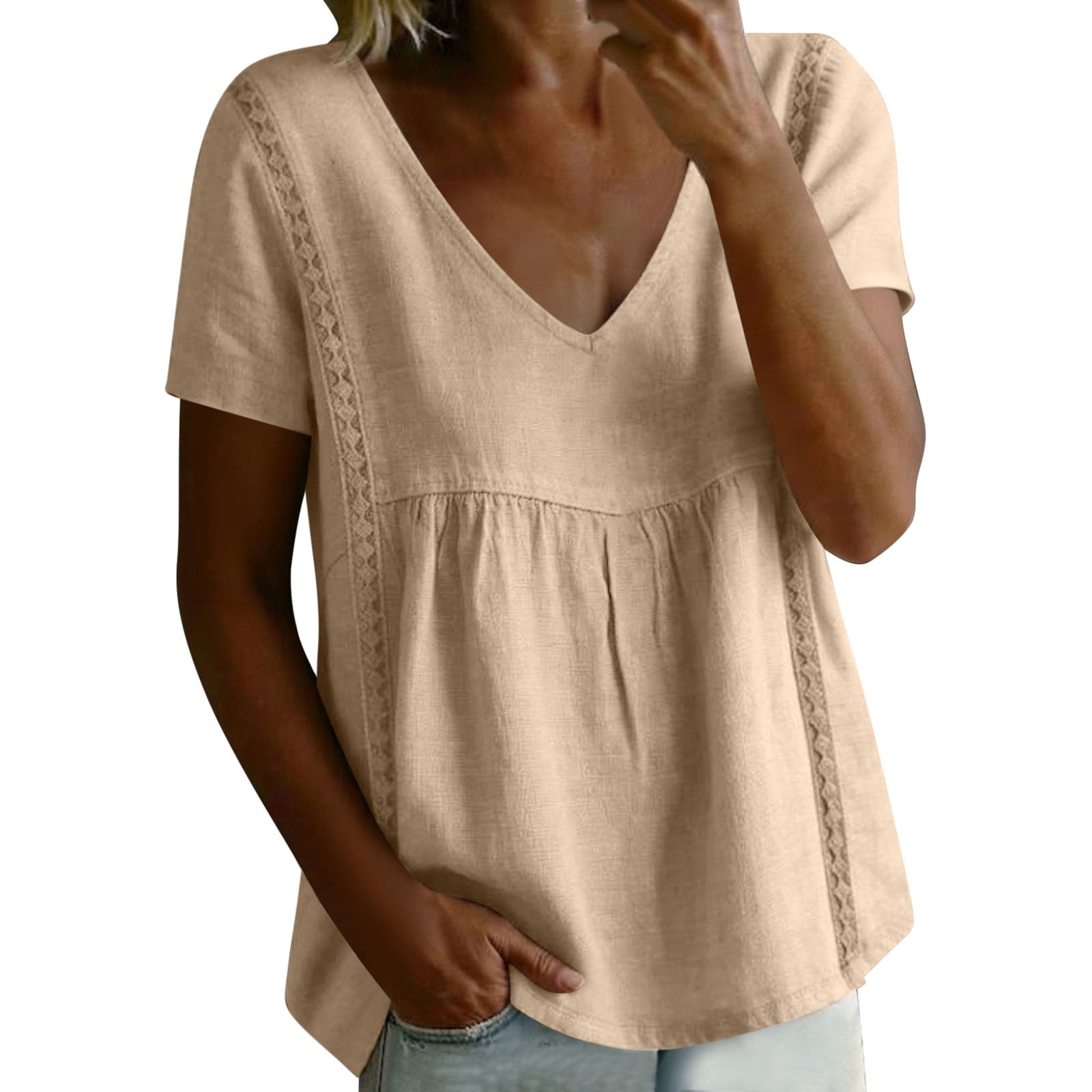 TEAJOPSUU Summer Casual Cotton Linen for Womens Solid Short Sleeve V ...