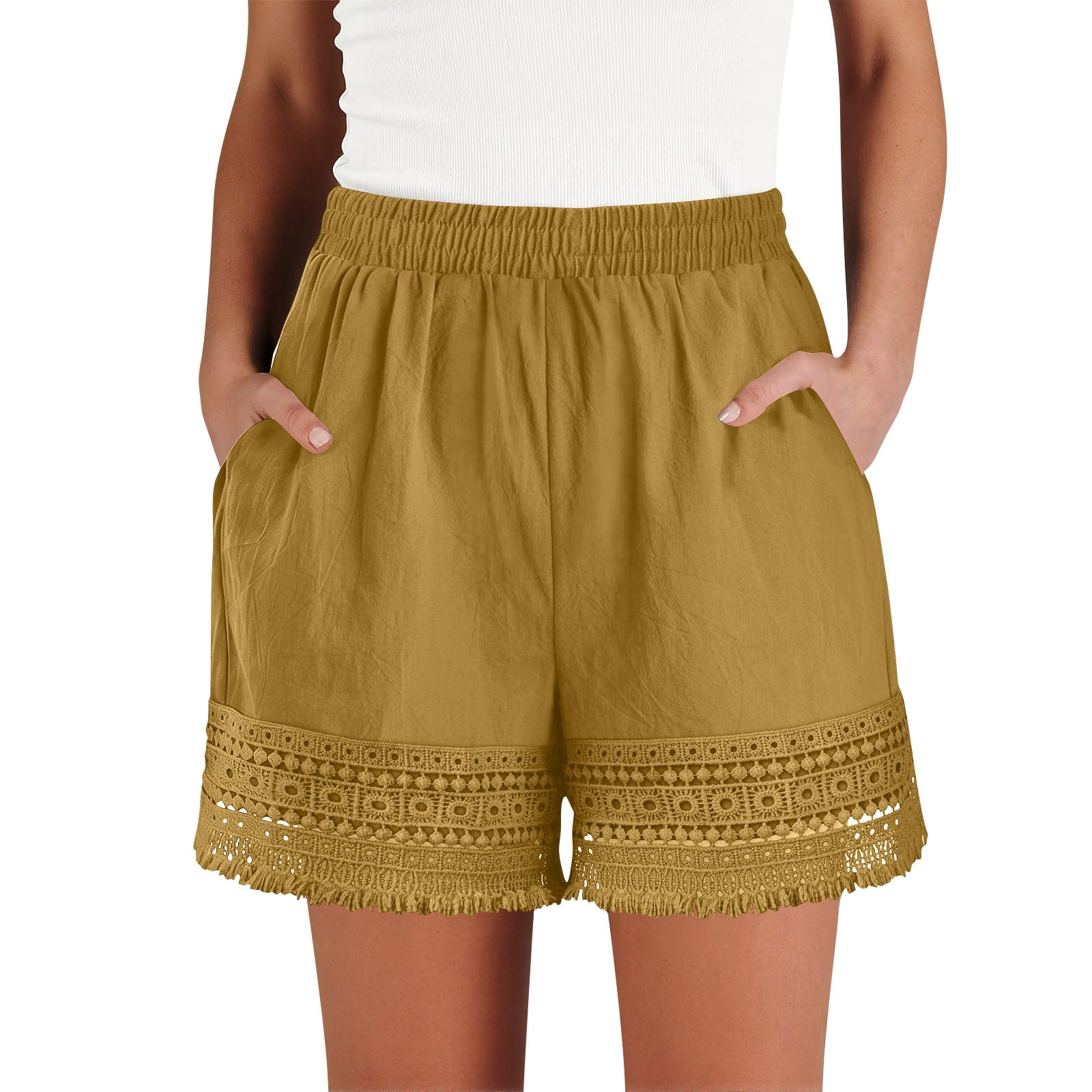 TEAJOPSUU Summer Cotton Linen Shorts for Women Lace Trim Elastic Waist ...