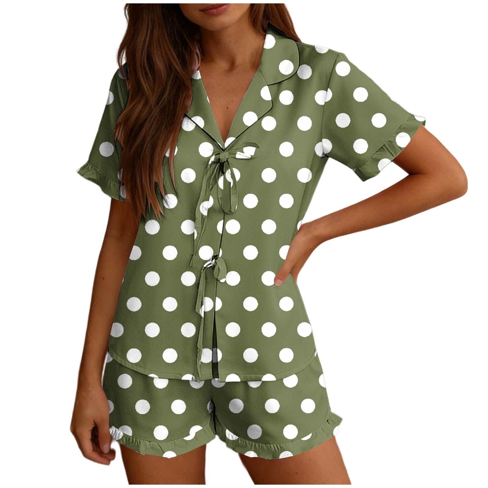 TEAJOPSUU Women's Print Pajama Set Notch Collar Tie-Front Top & Ruffle ...