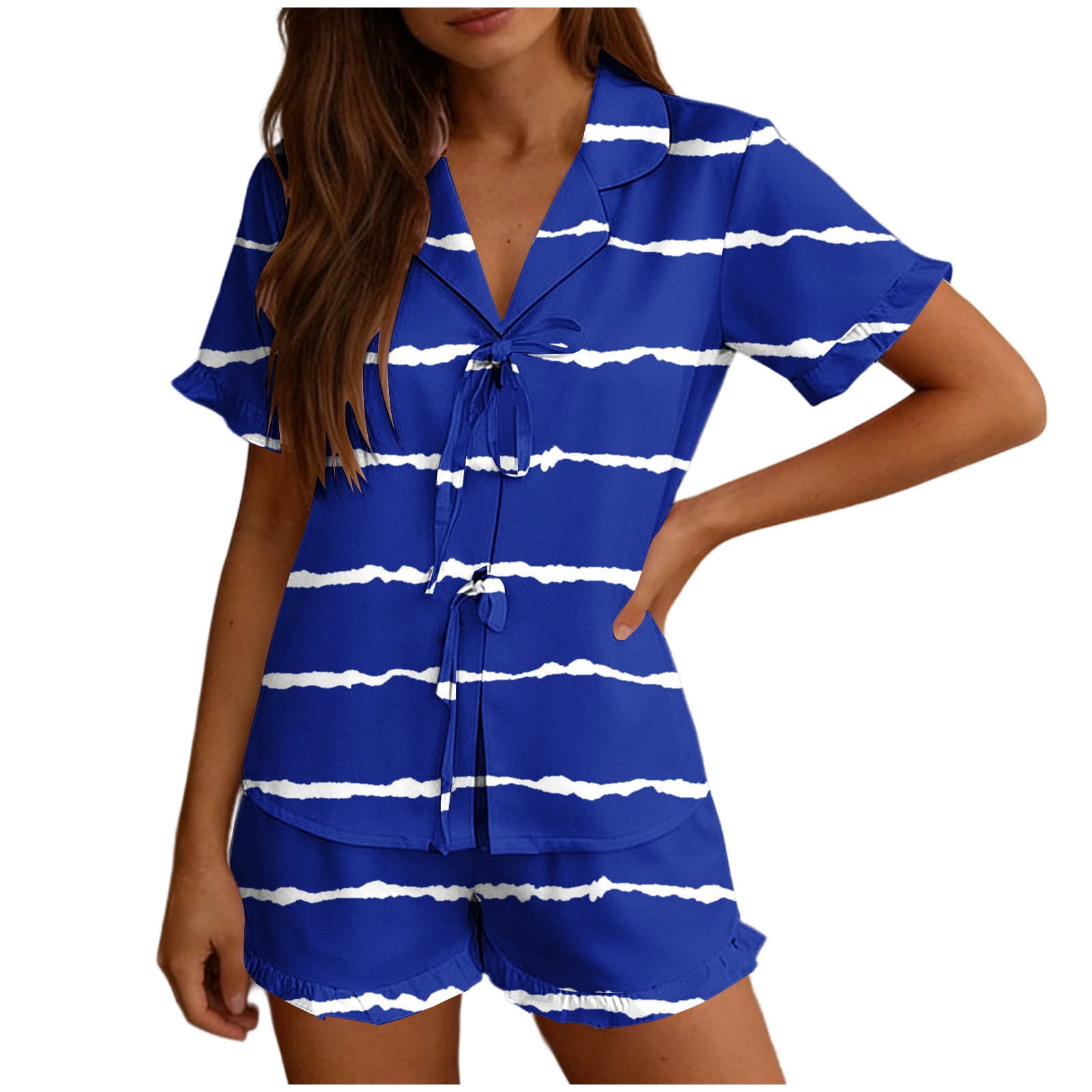 TEAJOPSUU Women's Print Pajama Set Notch Collar Tie-Front Top & Ruffle ...