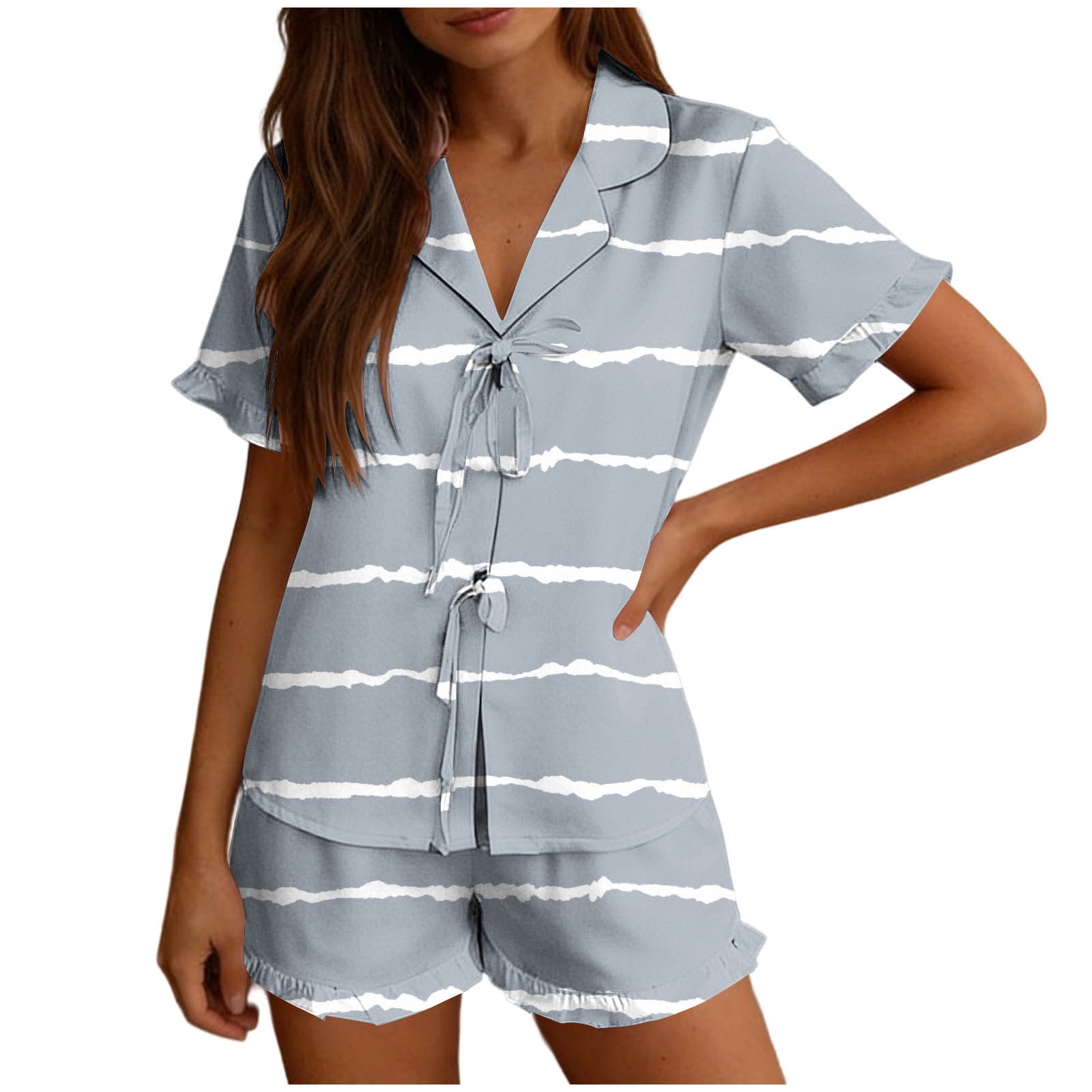 TEAJOPSUU Women's Print Pajama Set Notch Collar Tie-Front Top & Ruffle ...