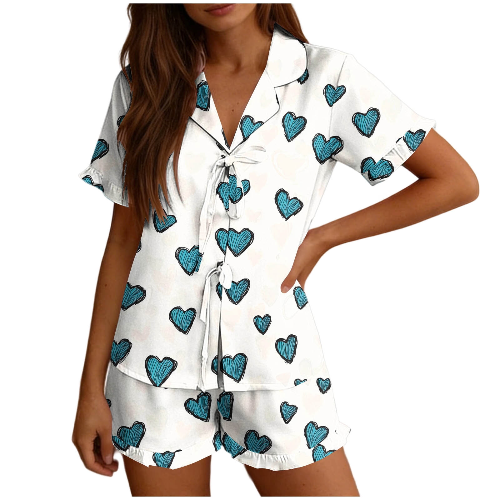 TEAJOPSUU Women's Print Pajama Set Notch Collar Tie-Front Top & Ruffle ...