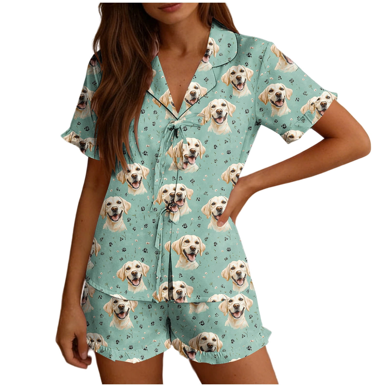 TEAJOPSUU Women's Print Pajama Set Notch Collar Tie-Front Top & Ruffle ...