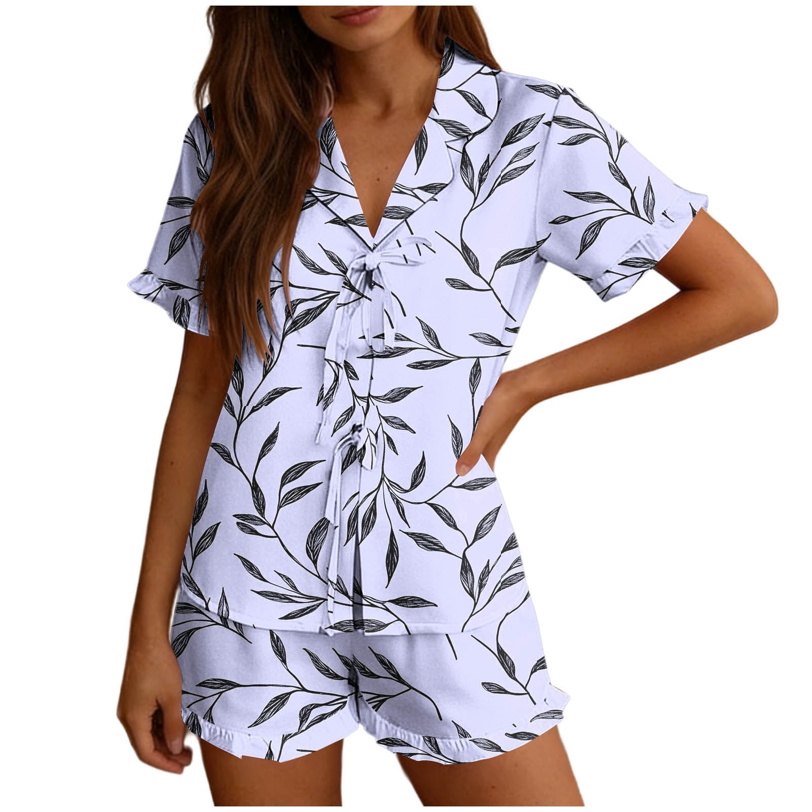 TEAJOPSUU Women's Print Pajama Set Notch Collar Tie-Front Top & Ruffle ...