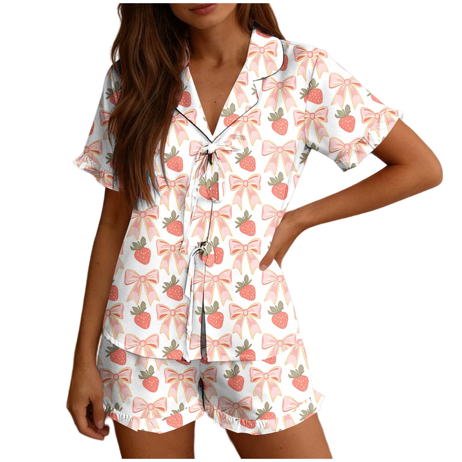 TEAJOPSUU Women's Print Pajama Set Notch Collar Tie-Front Top & Ruffle ...