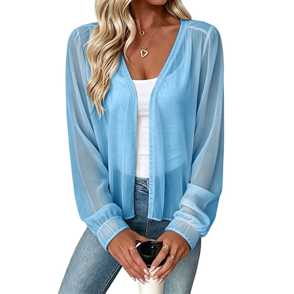 TEAJOPSUU Women's Sheer Chiffon Cardigans Open Front Puff Long Sleeve ...