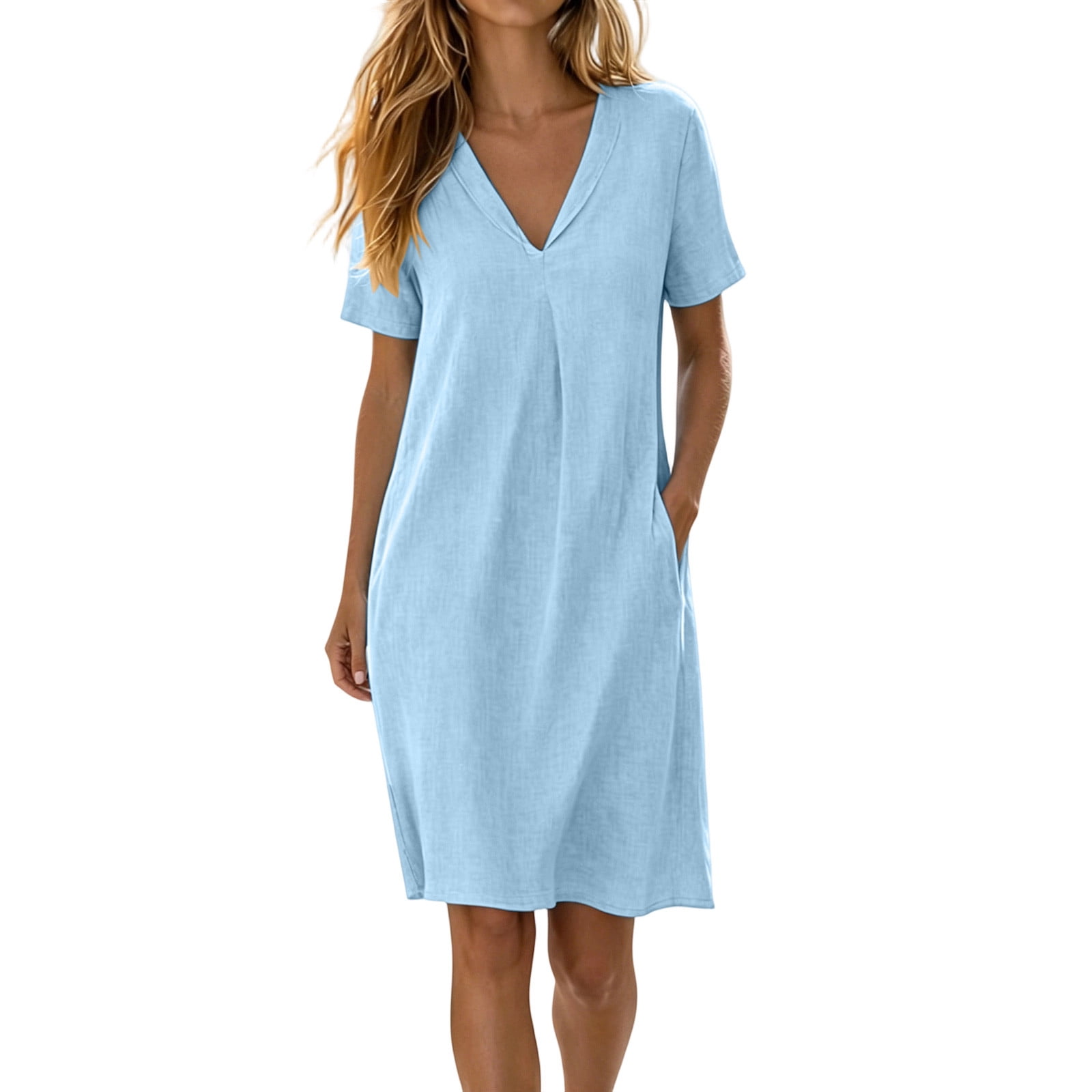 TEAJOPSUU Women's V‑Neck Short Sleeve Summer Dress Cotton Blend Knee ...