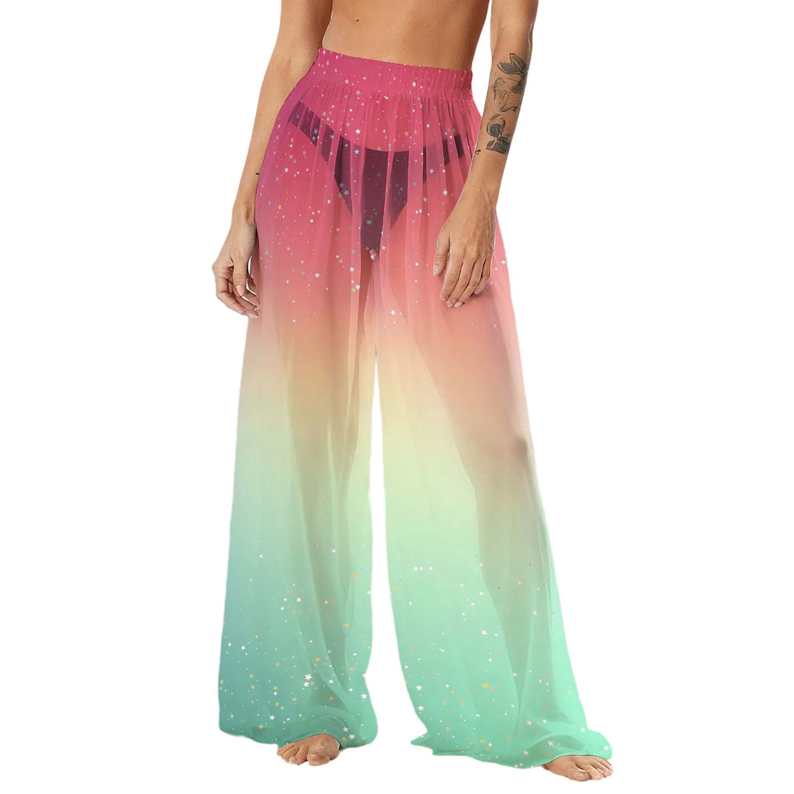 TEAJOPSUU Womens Boho Chiffon Beach Pants Sheer Bikini Bottoms Gradient ...