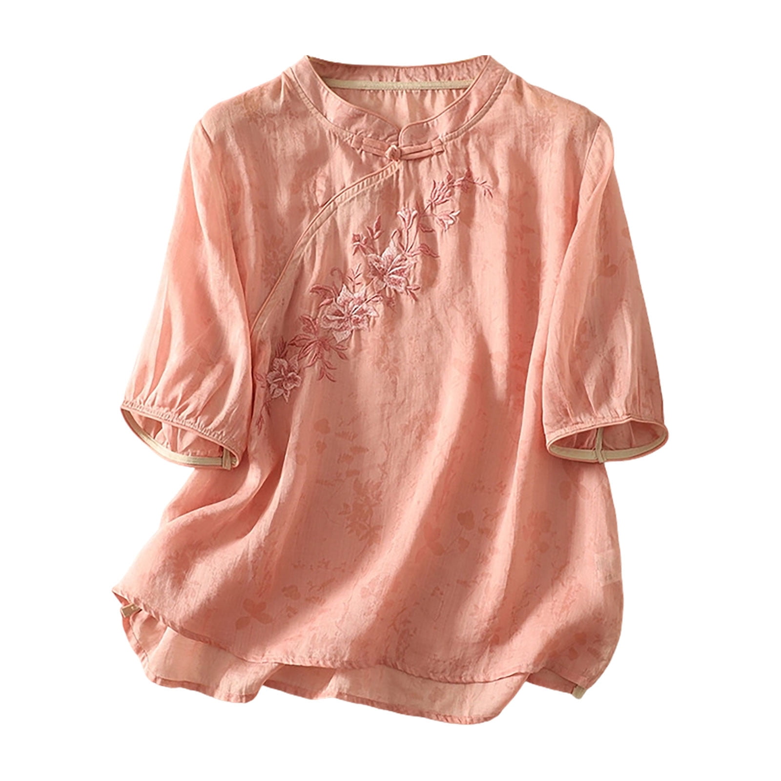 TEAJOPSUU Womens Linen Embroidered Tops Comfy Elbow-Length Mandarin ...