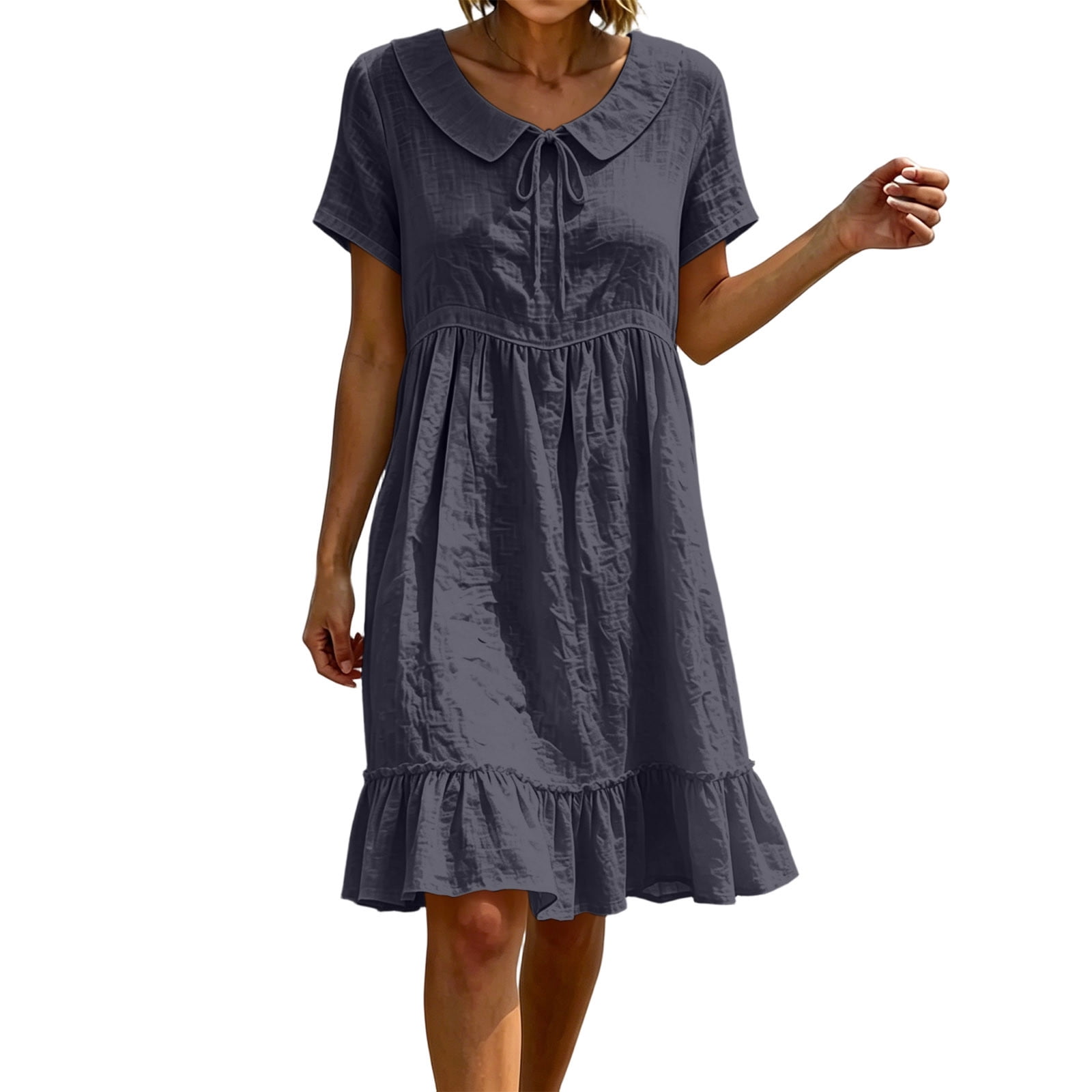 TEAJOPSUU Womens Summer Sundress Peter Pan Collar Short Sleeve Linen ...