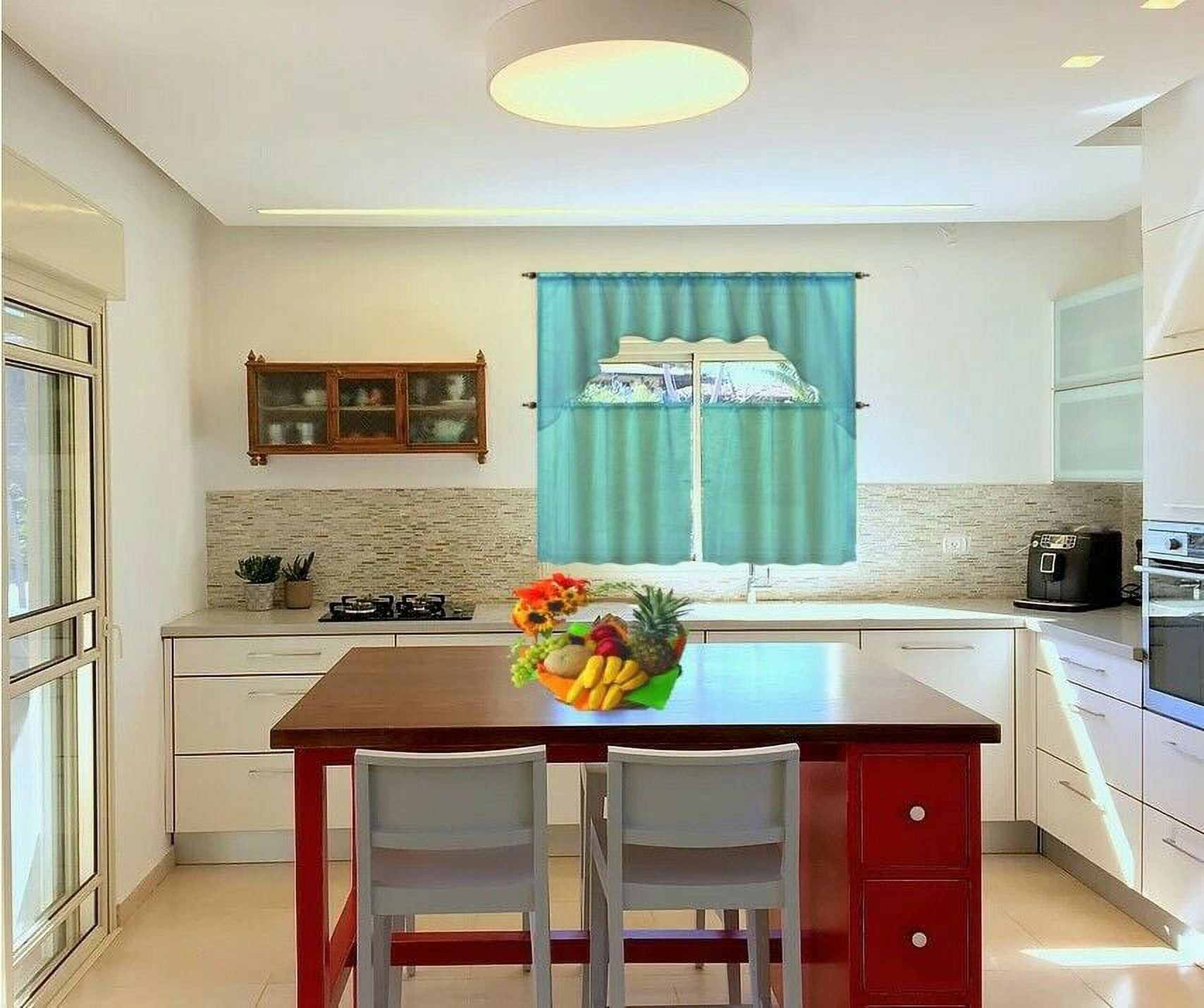 K66 Teal Blue 3-Piece Luxurious Sheer Organza Kitchen Window Curtain ...