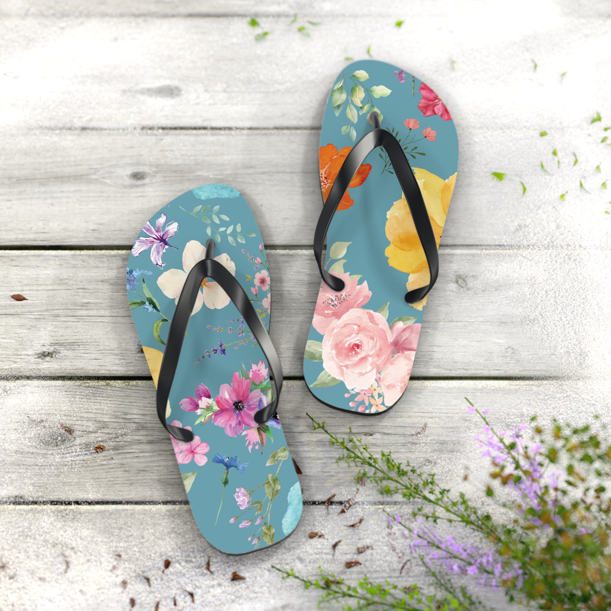 TEAL WATERCOLOR FLORAL SUMMER SANDLE DESIGN Flip Flops - Walmart.com