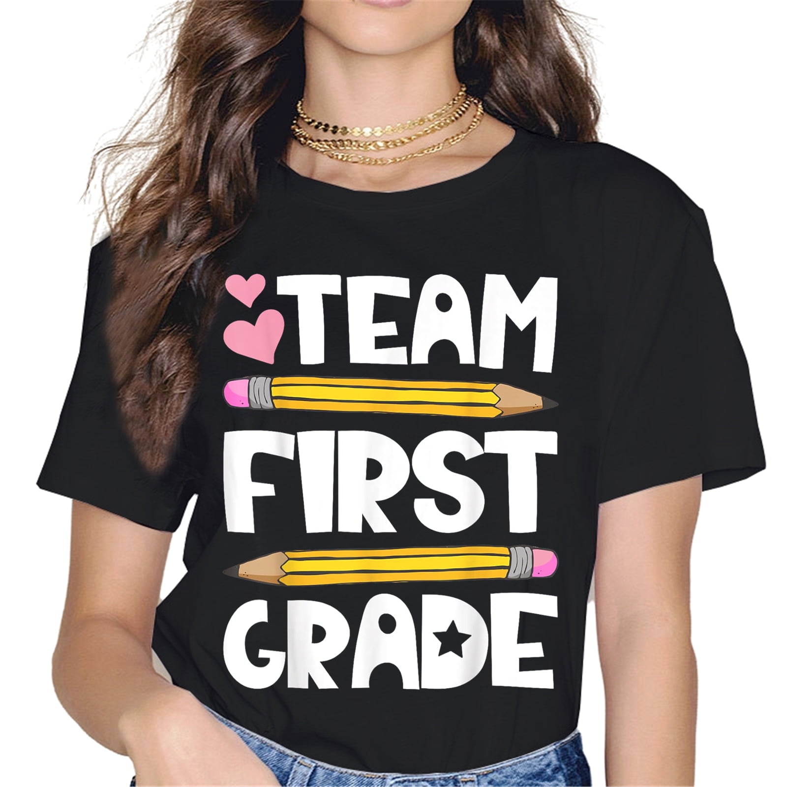 TEAM FIRST GRADE Yellow pencil pattern T-shirt - Walmart.com