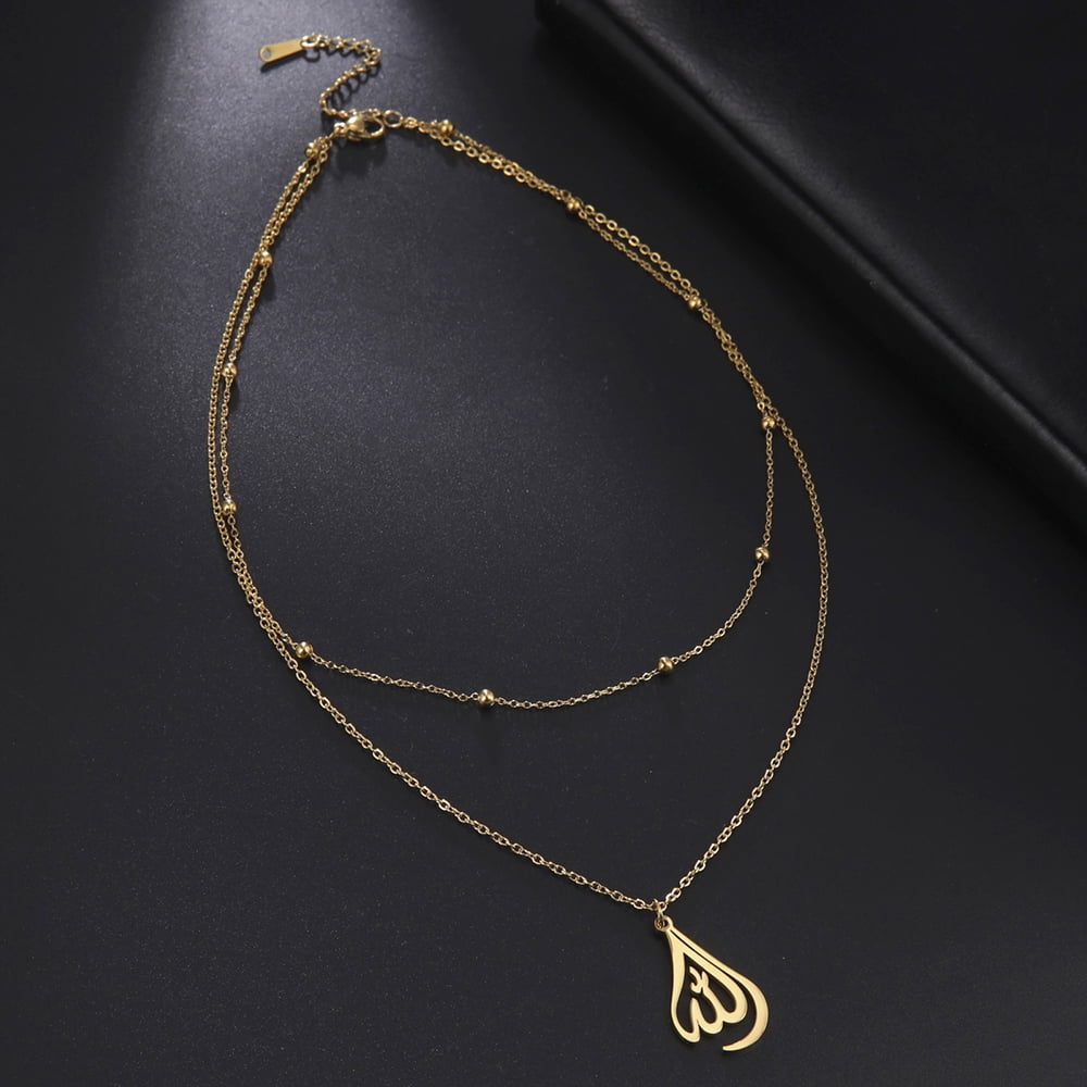 TEAMER Allah Islamic Symbol Necklace Double Layer Chain Stainless Steel ...