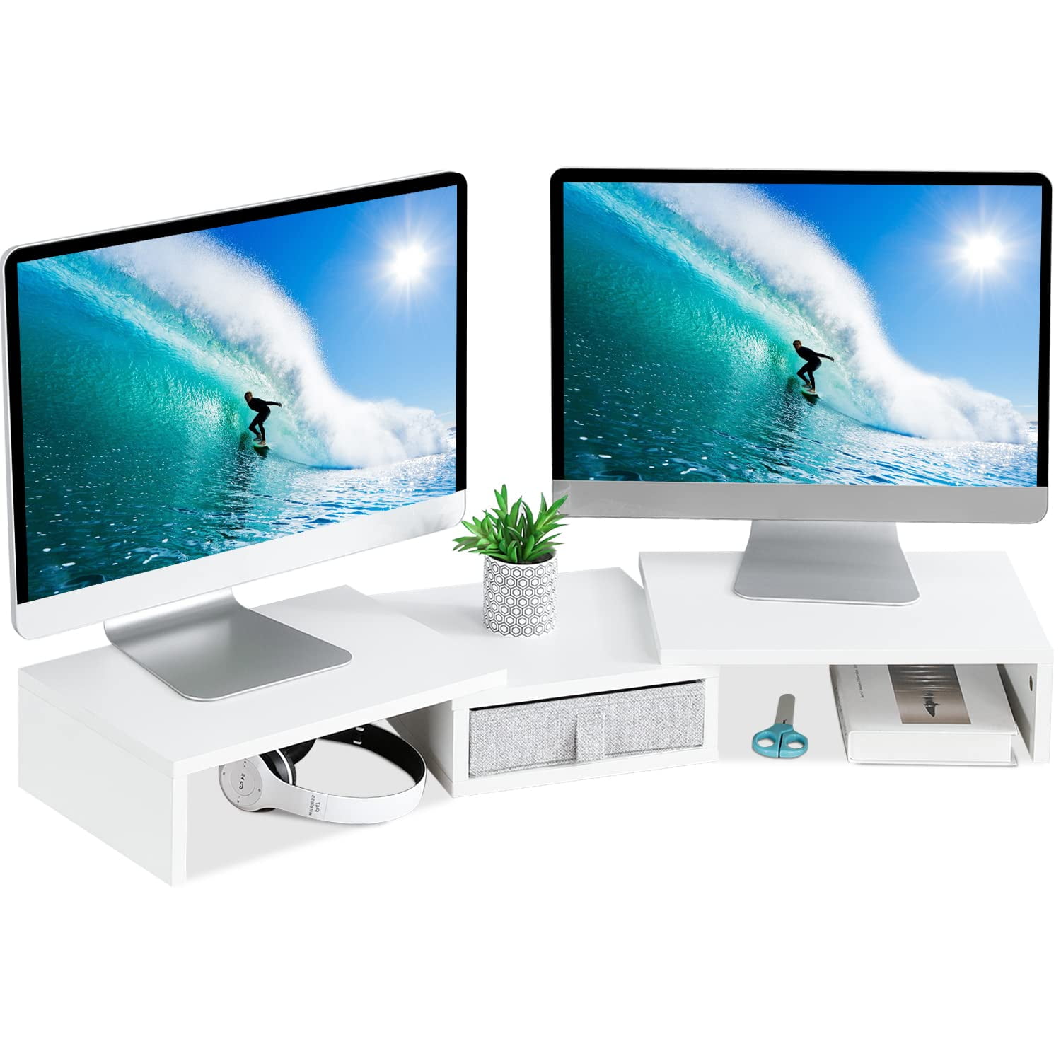 TEAMIX White Dual Monitor Stand Riser with Drawer - Length and Angle ...