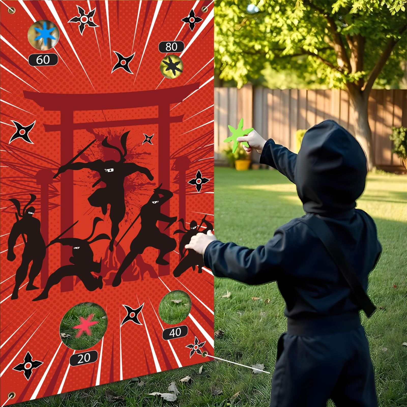 TEASIK Ninja TossEGSC Game Banner with 12 Foam Stars Ninja Theme ...