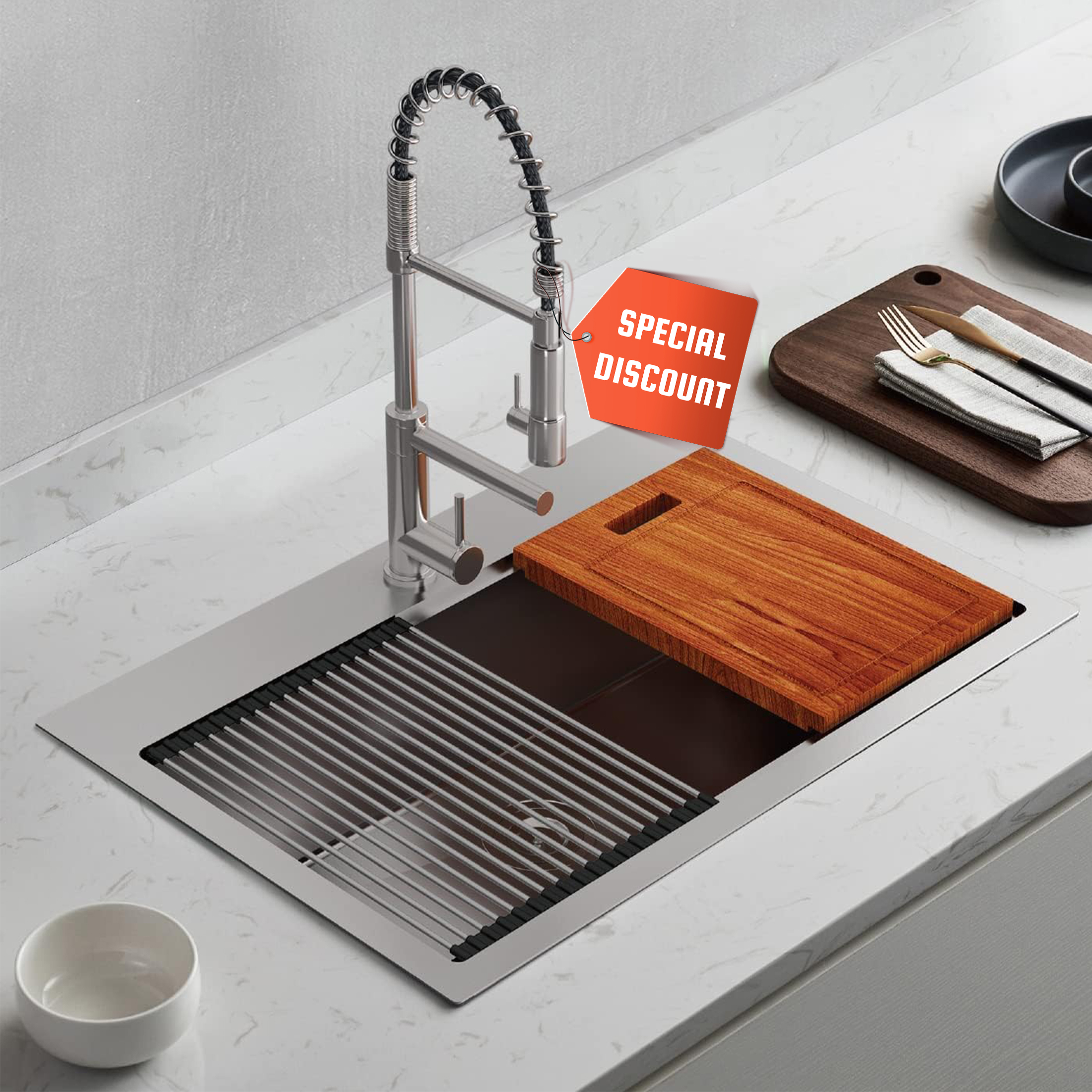 Swan Solid Surface Single Bowl Kitchen Sink (33" x 22") with 3 Faucet ...