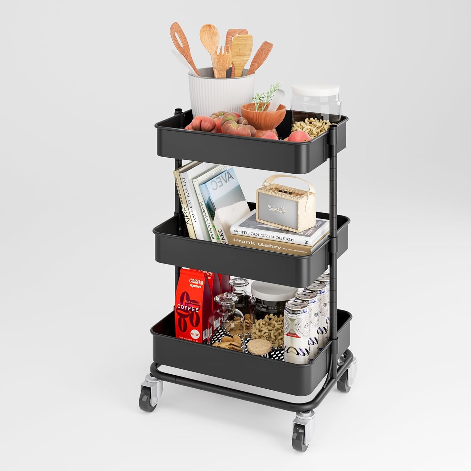 TECBOT 3 Tier Metal Rolling Cart with Wheels, Utility Storage Cart with Handle and Lockable ...