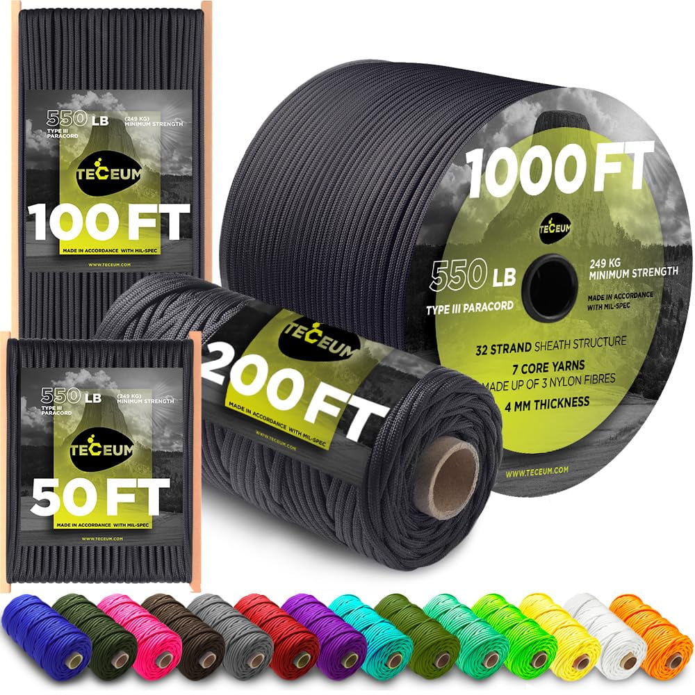 TECEUM Paracord Type III 550 Basalt - 100 ft - 4mm - Tactical Rope MIL ...