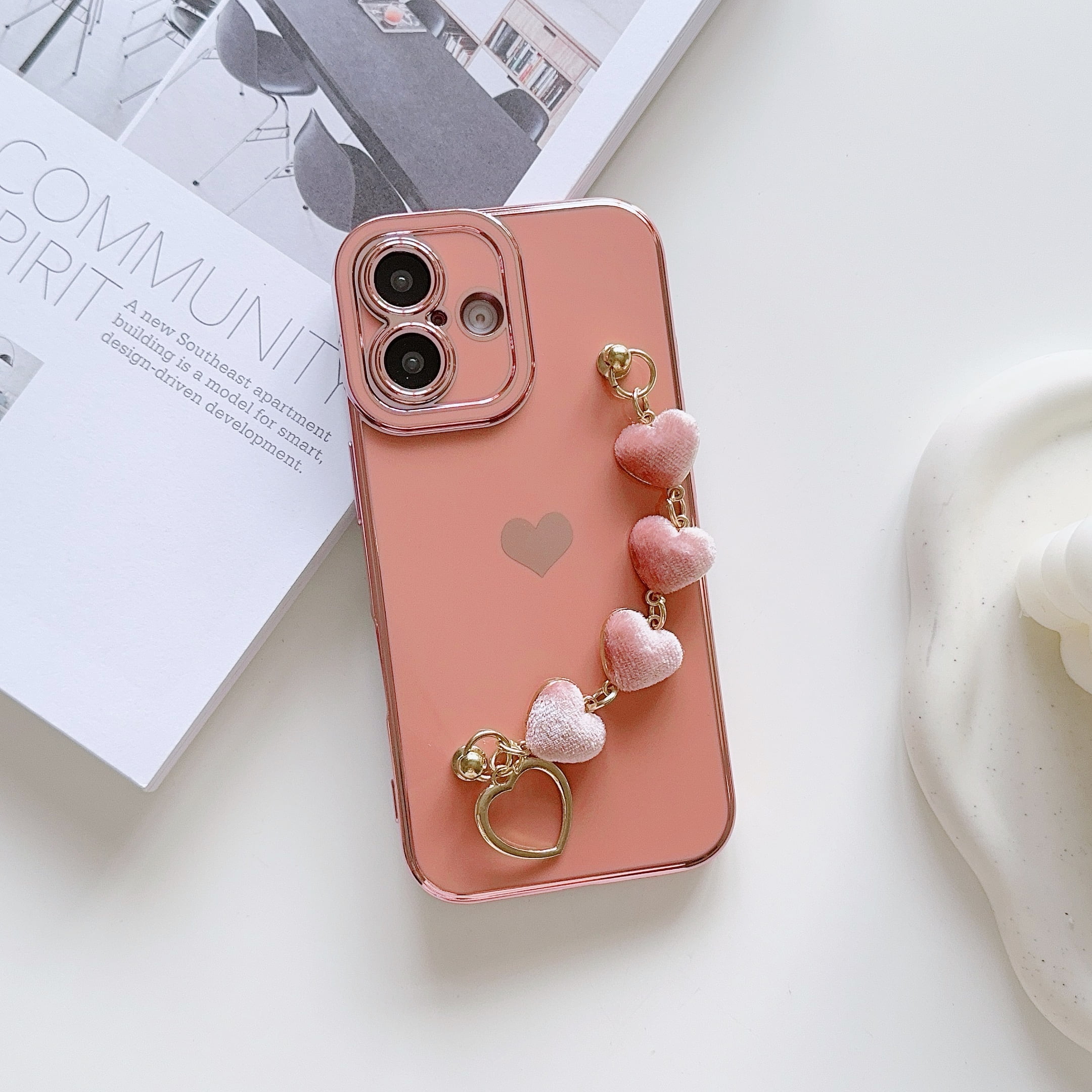 TECH CIRCLE for iPhone 16 Pro Max Case,Luxury Cute Love Heart Plating Wrist Strap Chain Bracelet ...