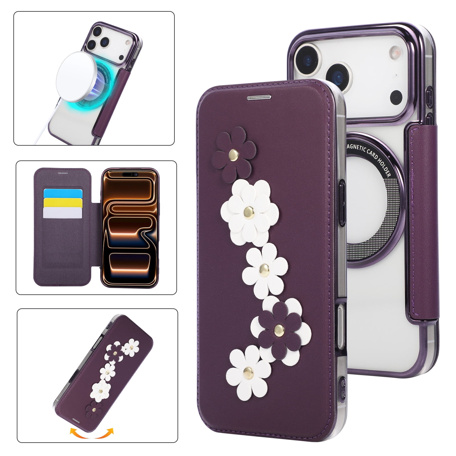TECH CIRCLE For iPhone 17 Pro TPU Flower Relief Pattern Flip Magnetic ...