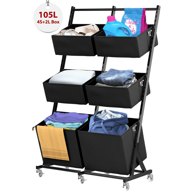 TECHVIDA 3 Tier Metal Rolling Laundry Basket Cart, Adjustable ...