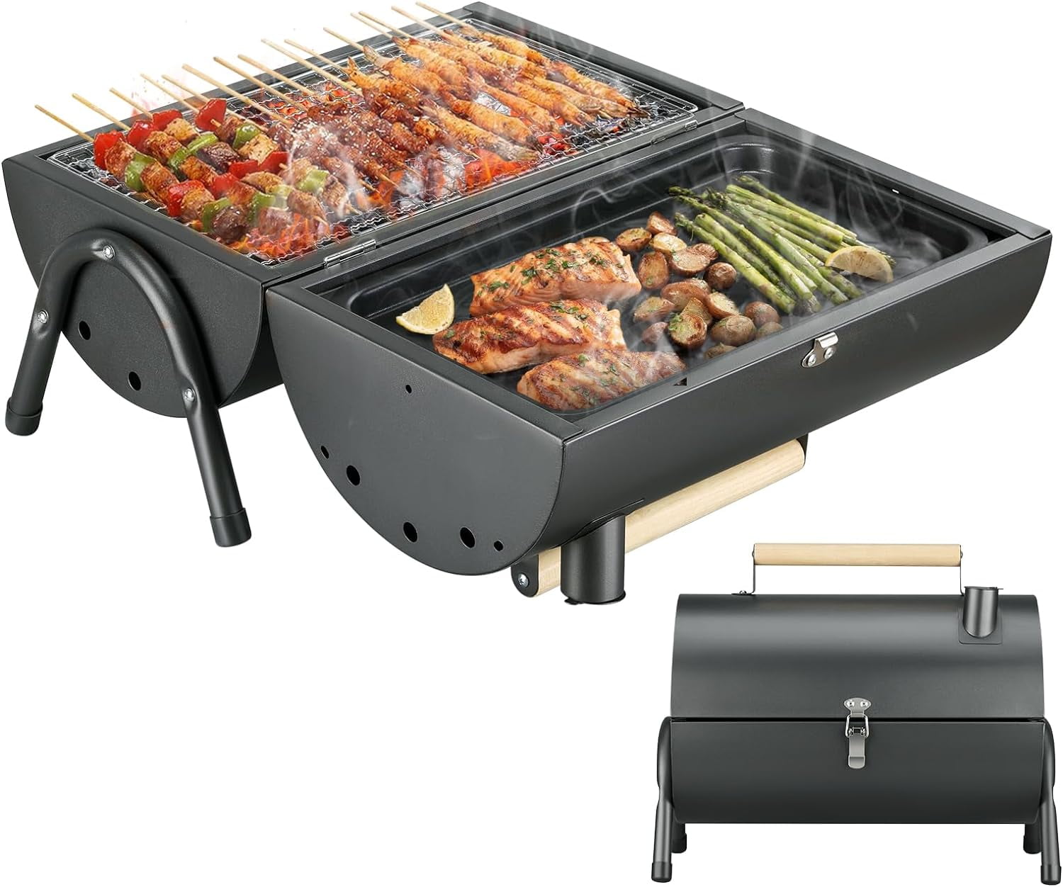 TECHVIDA BBQ Charcoal Grill,Portable Barbecue Grill,Offset Smoker Barbecue Oven with & Outdoor ...