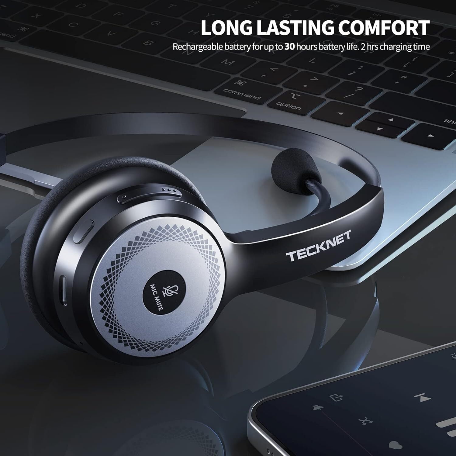 TECKNET Wireless Headset with Microphone for Work,AI Noise Cancelling ...