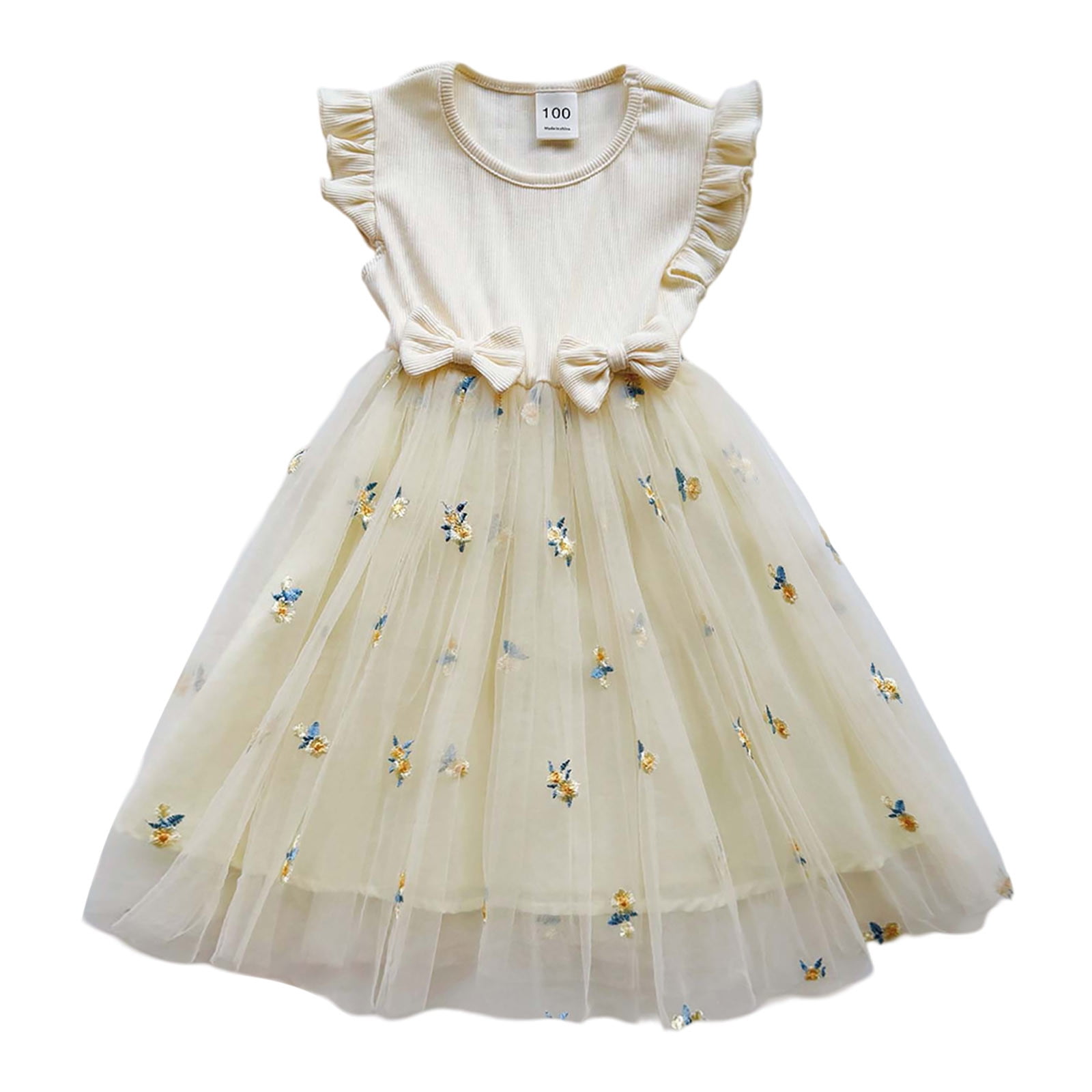 TEDOYE Toddler Girls Fly Sleeve O-Necks Prints Embroidery Bowknot Dress ...