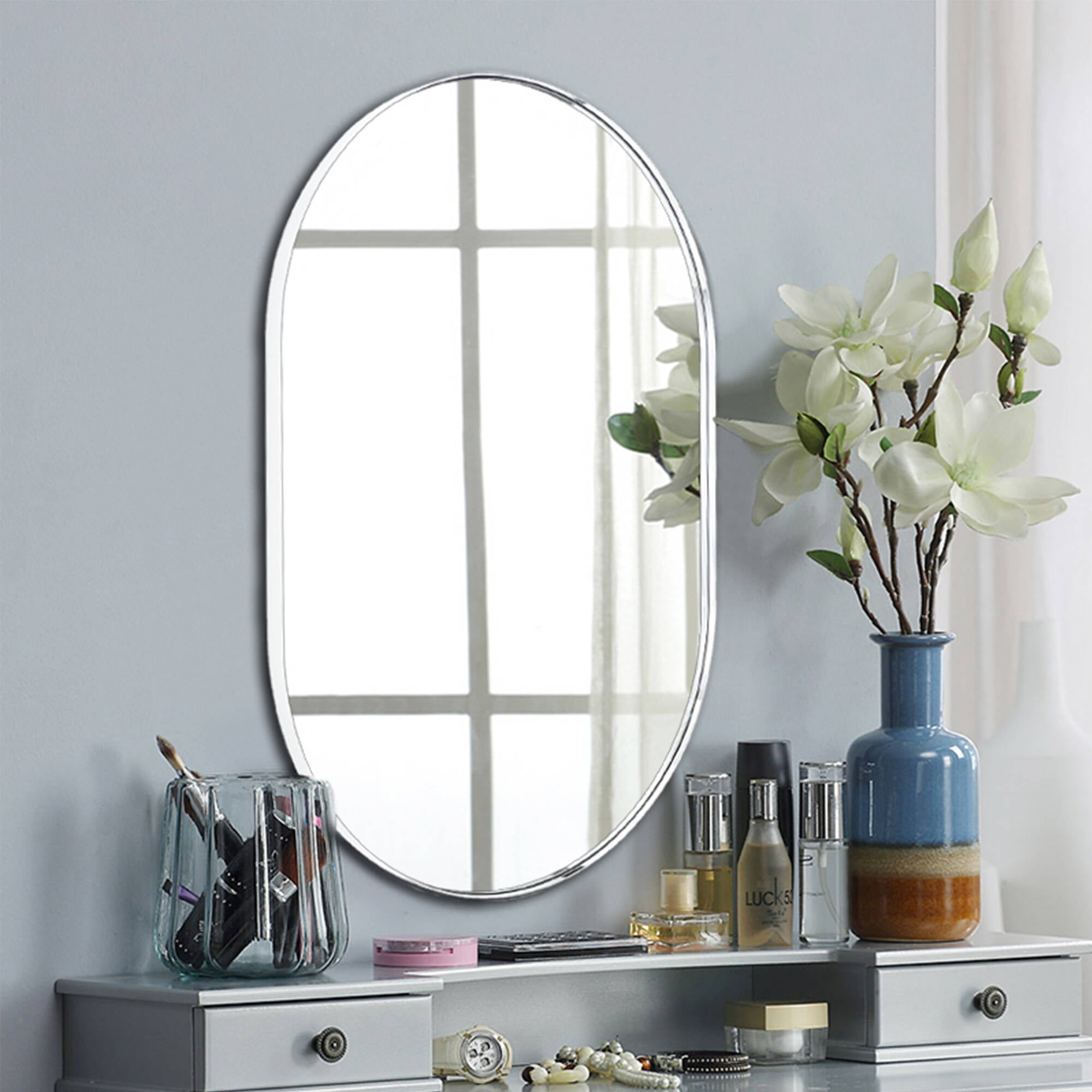 TEEBARN Home Restroom Wall Mirror, Chrome Pill Shaped Stainless Steel ...