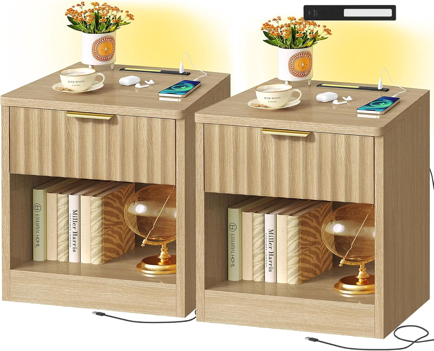 TEENFON Fluted Nightstands Set of 2, Bed Side Table with Charging ...