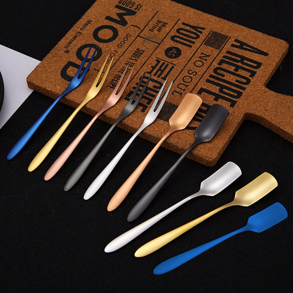 TEHAUX 1Pcs Dessert Forks Silver Two-tine Long Handle 304 Stainless ...