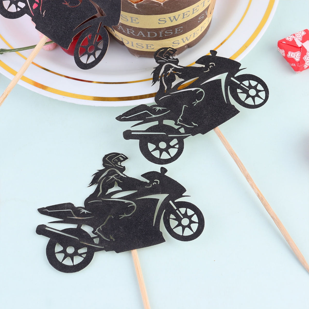 TEHAUX Black Paper Cake Toppers with Motorcycle Style Design for ...