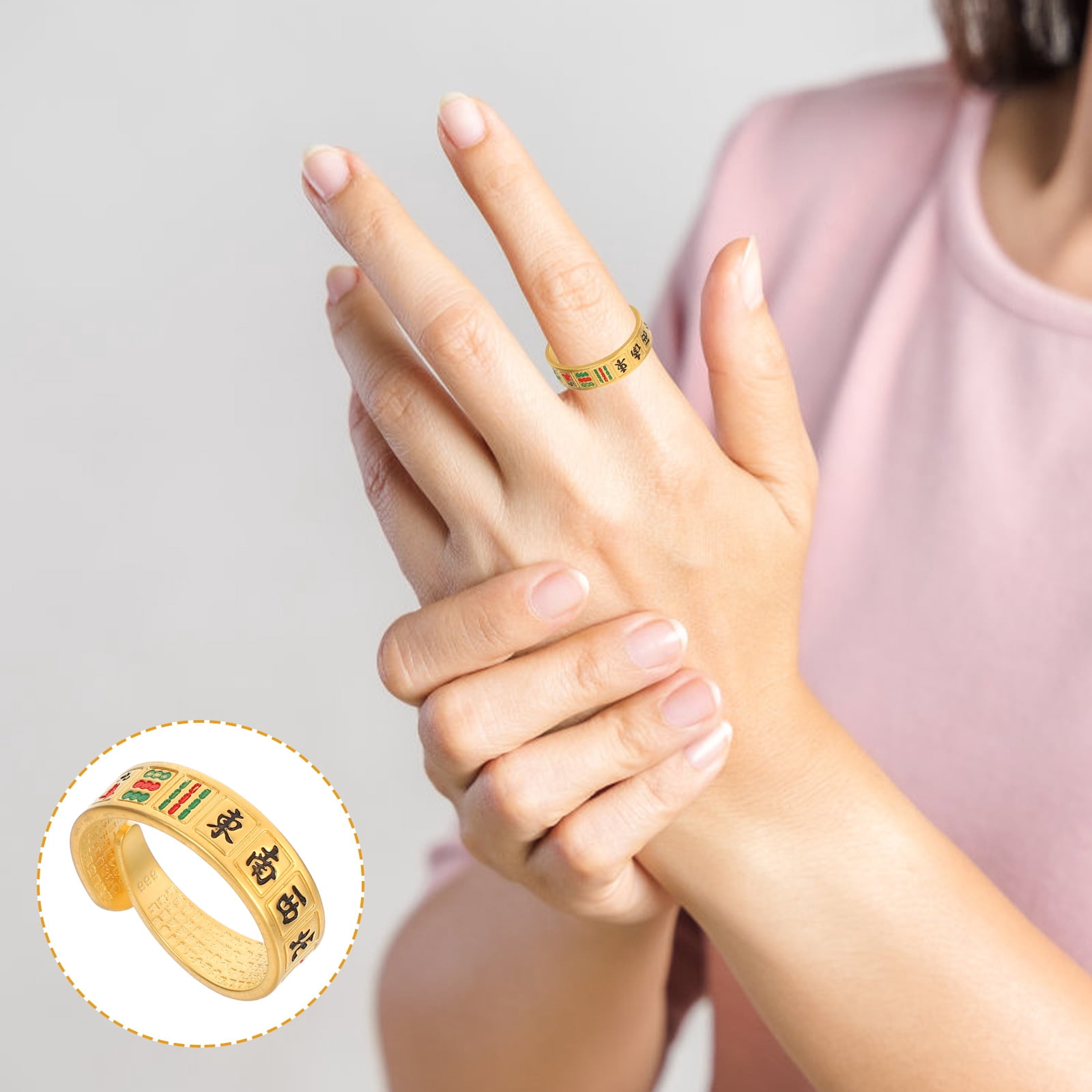 TEHAUX Unique Chinese Mahjong Ring Golden Brass Good Luck Accessory ...