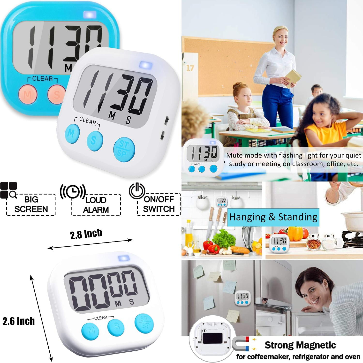 TEICHKJ Vibrant Large Set of 2 Magnetic Digital Classroom Timers ...