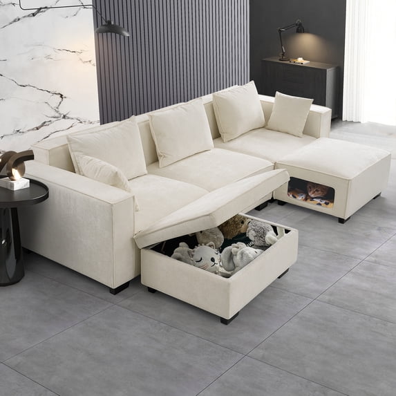 "TEKAMON 108.7"" U Shaped Modular Sofa with Storage Ottoman, Ivory ...