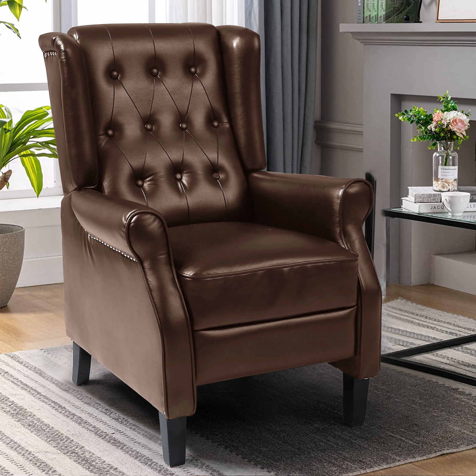 TEKAMON Leather Wingback Chair Recliner Tufted Faux Leather Push Back ...