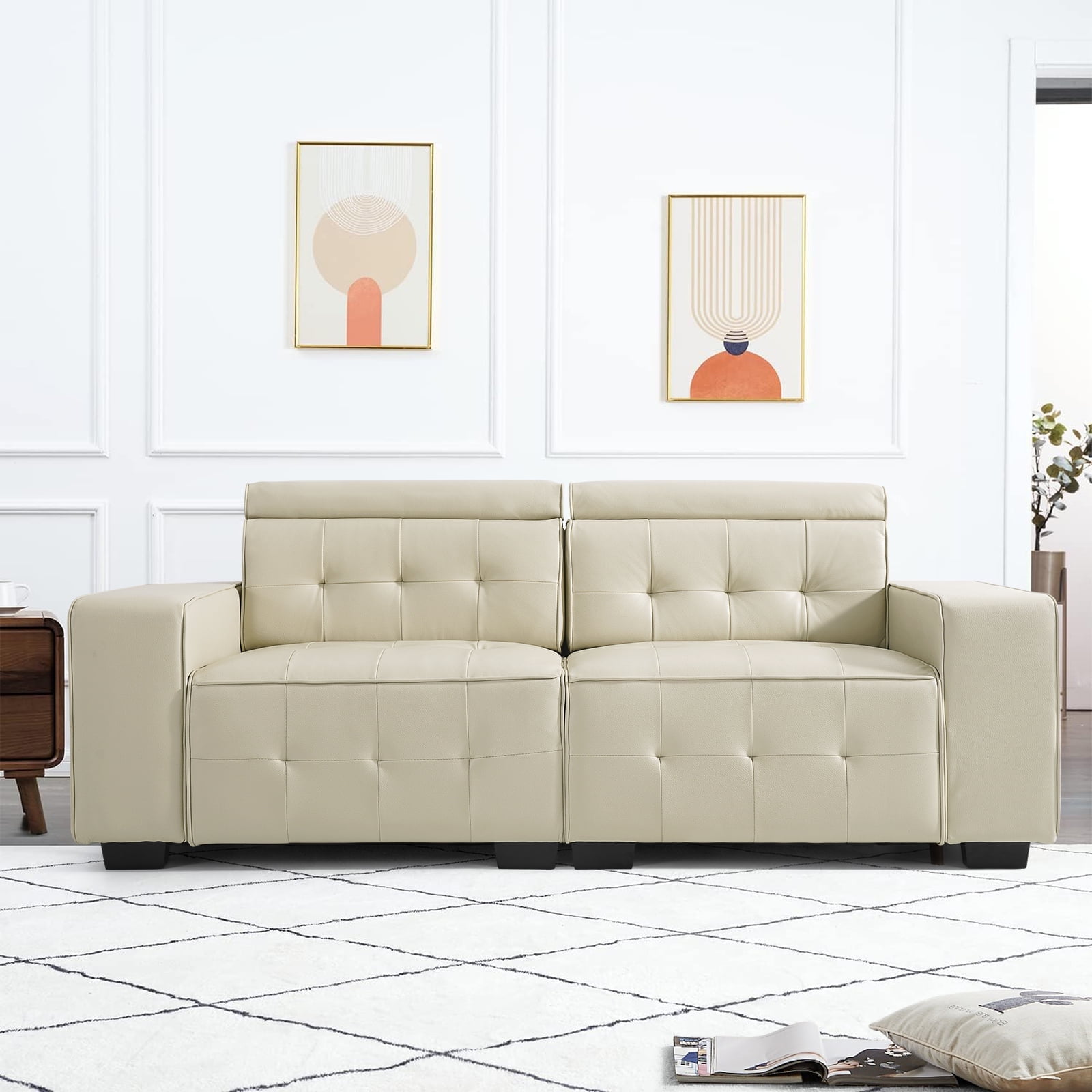 TEKAMON 84" Leather Sofa Couch, Mid-Century Modern Sofa for Living Room ...