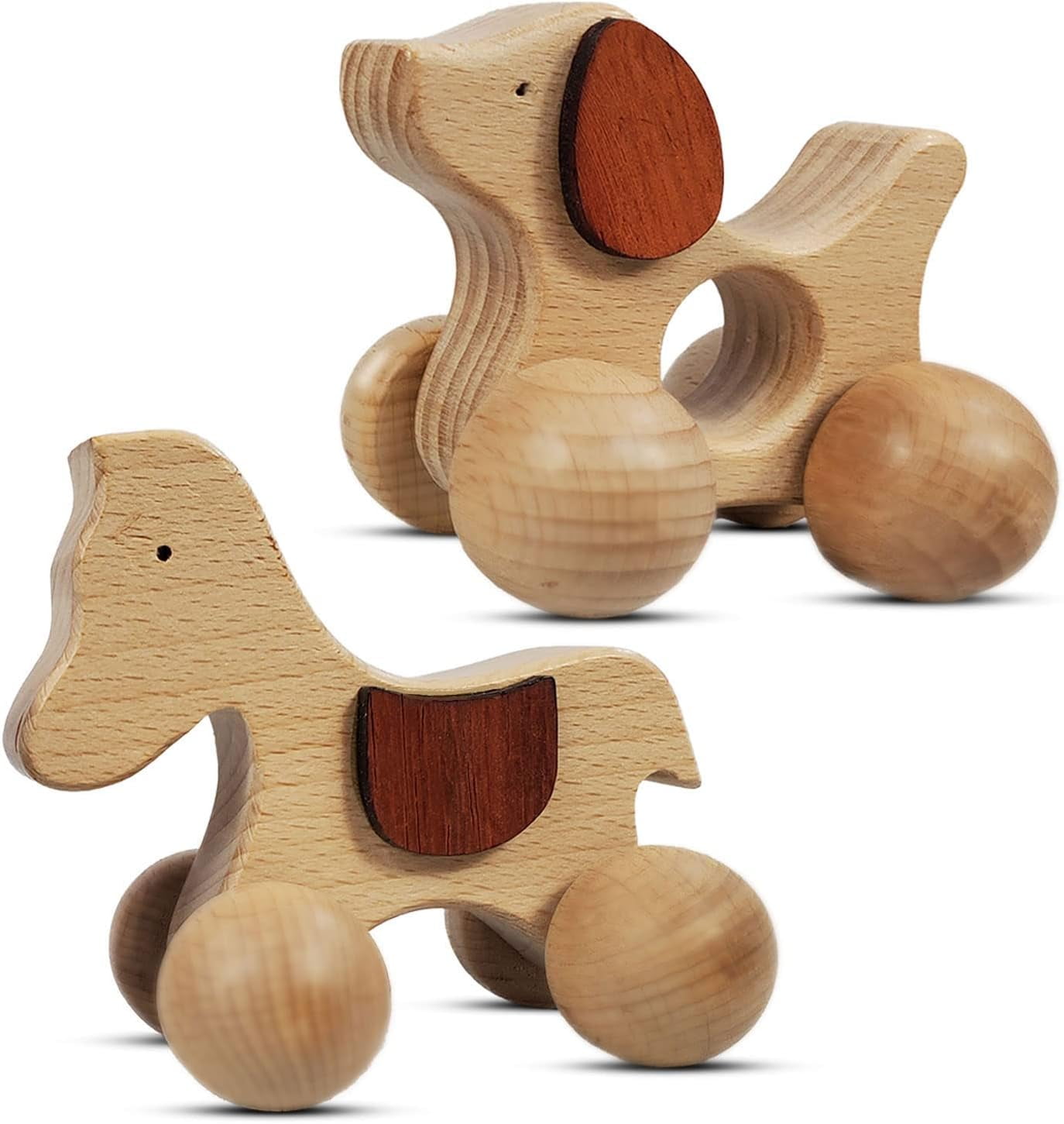 TEKOR Wooden Animal Push Toy with Wheels for Baby, Toddler Grasping ...