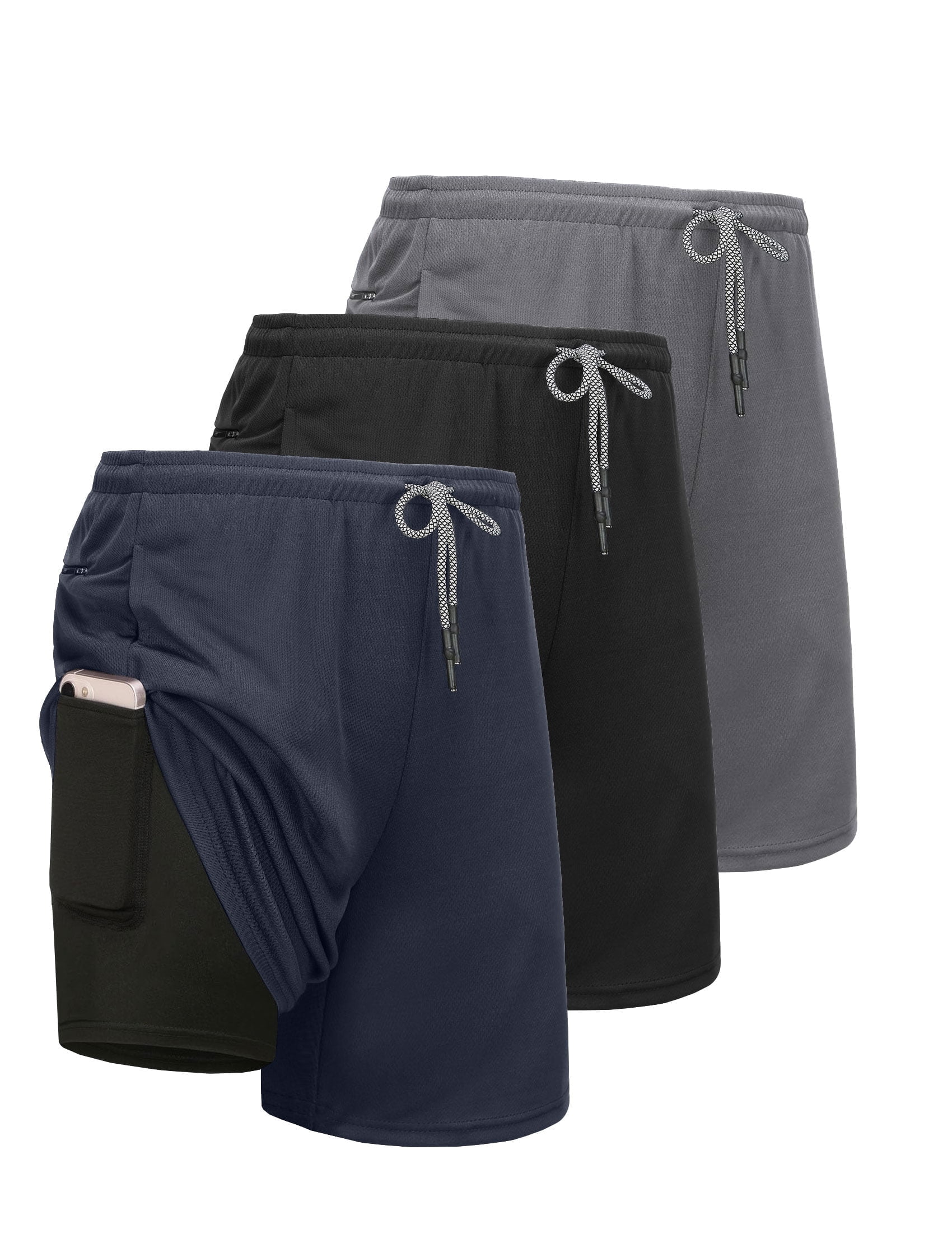 TELALEO 3 Pack Mens 2 in 1 Running Shorts with Liner, Quick Dry, Gym ...