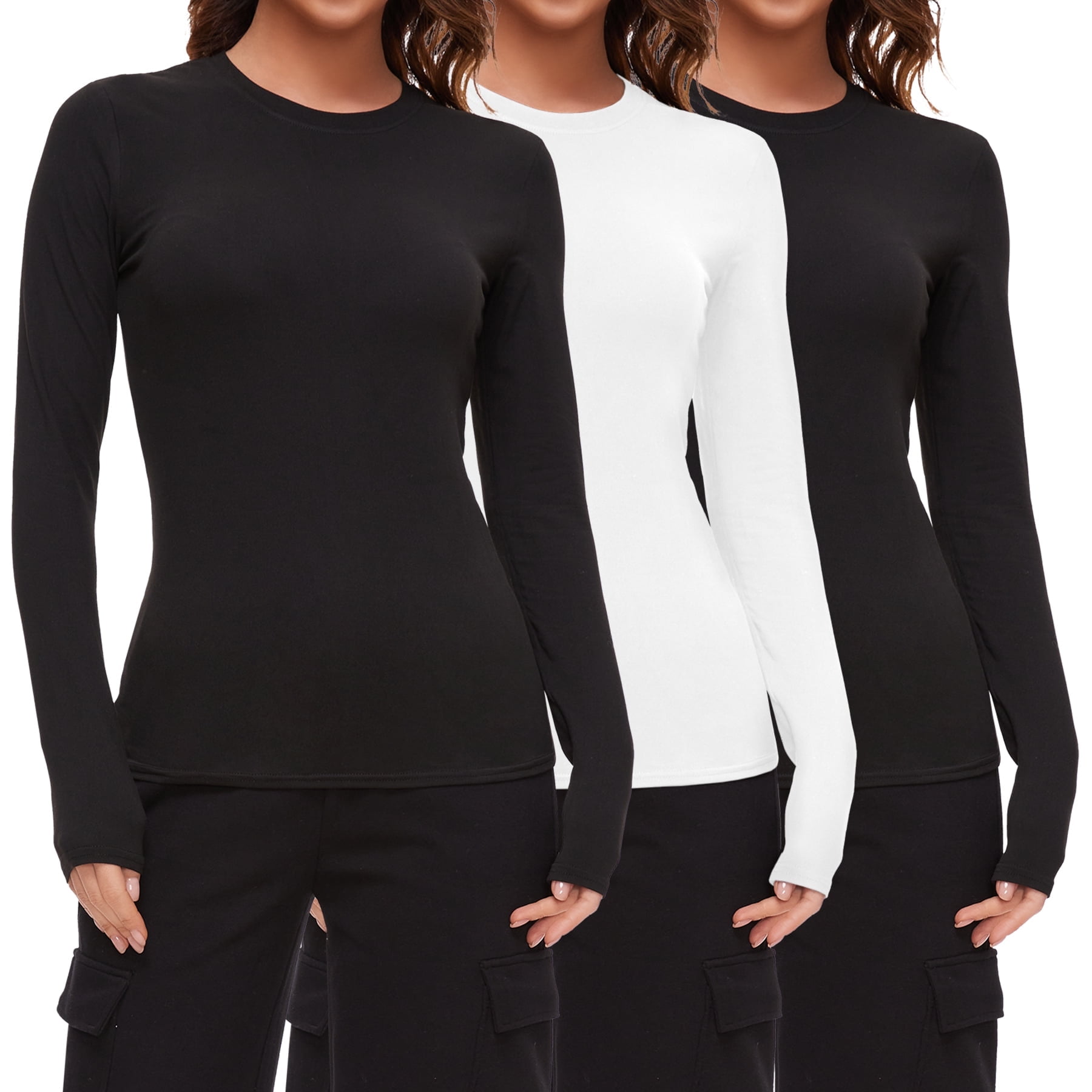 TELALEO 3 Pack Women’s Long Sleeve Shirts Basic Tees Crew Neck Slim ...