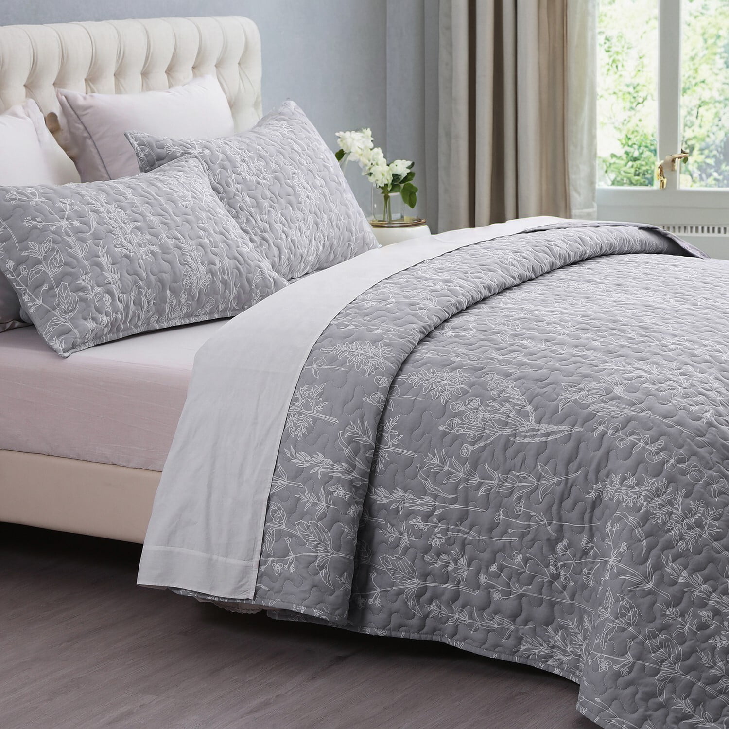 TELIZ 3-Pieces Gray Botanical Branch Quilt Bedding Sets, King - Walmart.com