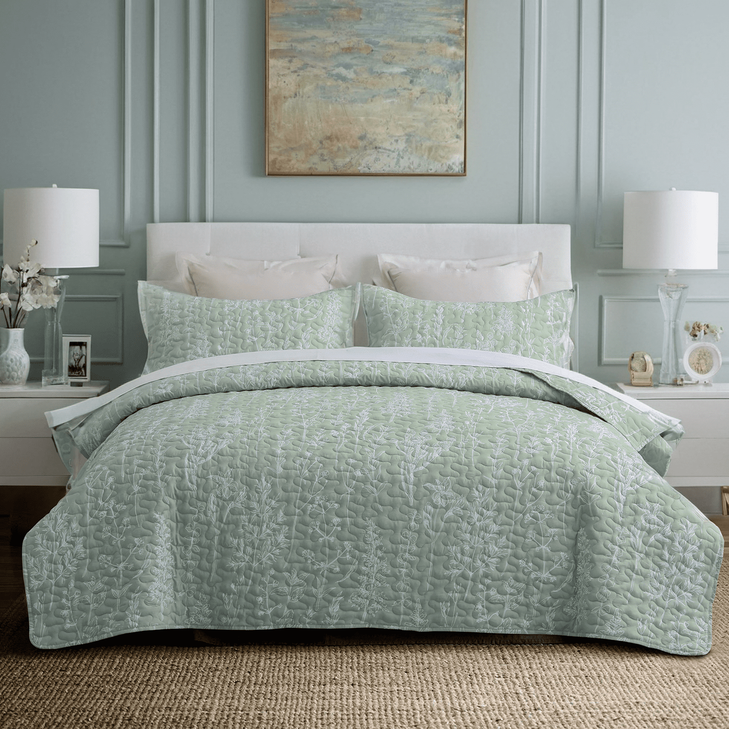 TELIZ Branch Quilt Set,Green Printed with Black Botanical Pattern, All ...