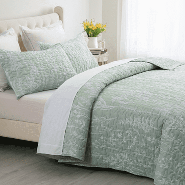 TELIZ Teal Leaves Printed King Quilt Set Botanical Bedding Sets with 1 ...