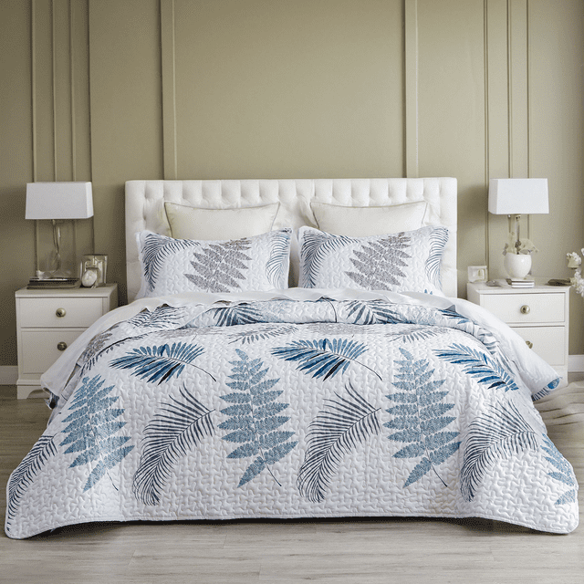 TELIZ Teal Leaves Printed California King Quilt Set Botanical Bedding ...