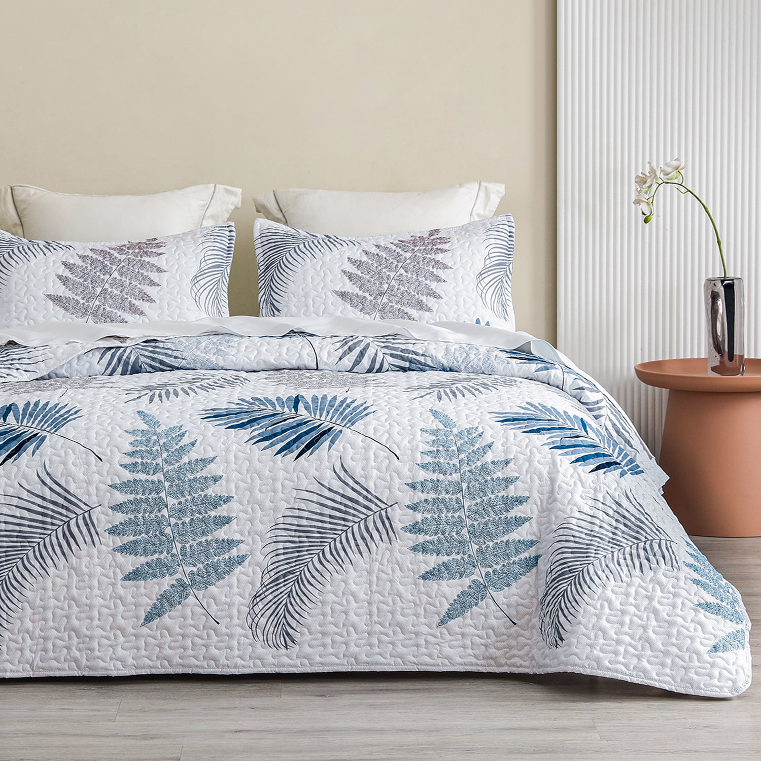 TELIZ Teal Leaves Printed California King Quilt Set Botanical Bedding ...