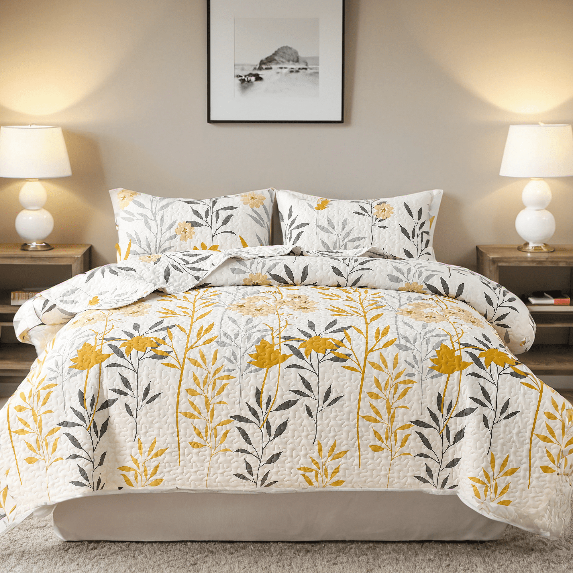 TELIZ Yellow Flower King Quilt Set Gray Leaves Pattern Bedspread ...
